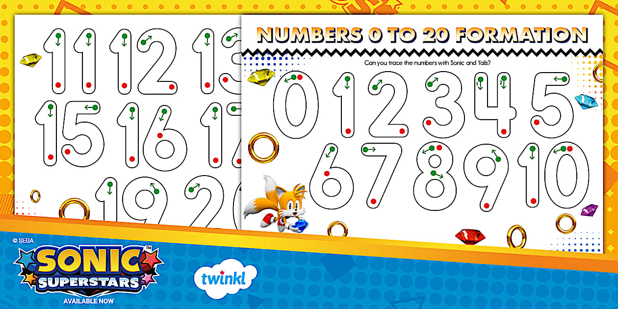 Sonic: Sonic and Tails Number Formation 0-20 Worksheet