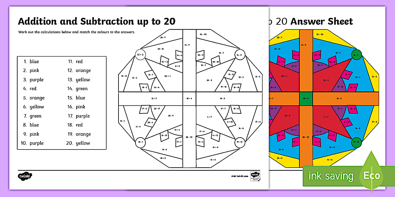 Rangoli Pattern Subtraction to 20 Colour by Number Worksheet