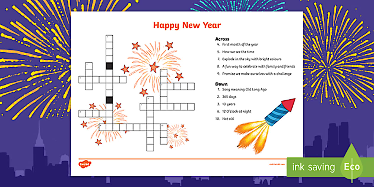 New Year’s Crossword Puzzles for Kids - Twinkl