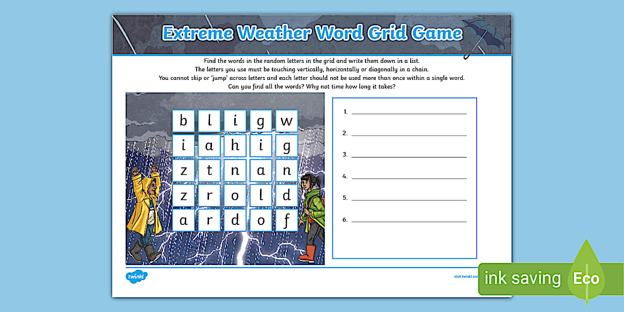 Extreme Weather Word Grid Game (teacher made) - Twinkl