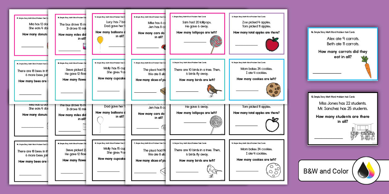 Simple Story Math Word Problem Task Cards for K-1st Grade
