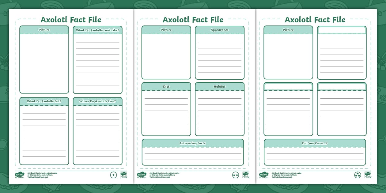 Axolotl Fact File Non-Fiction Writing Frames (teacher made)