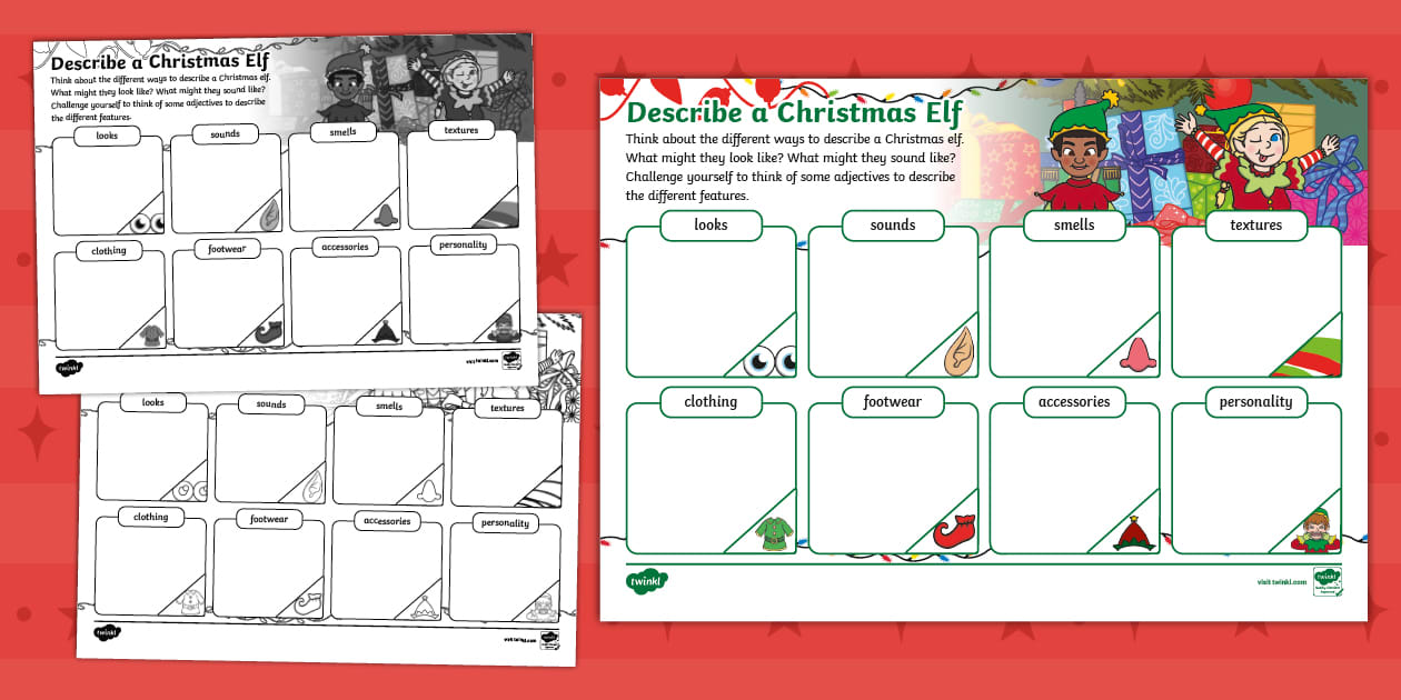 A Christmas Elf Adjectives Worksheet (teacher made) - Twinkl