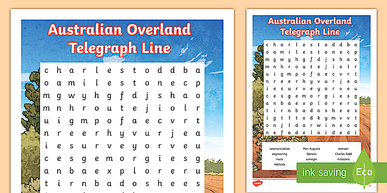 Black and White Australian Overland Telegraph Line Word Search