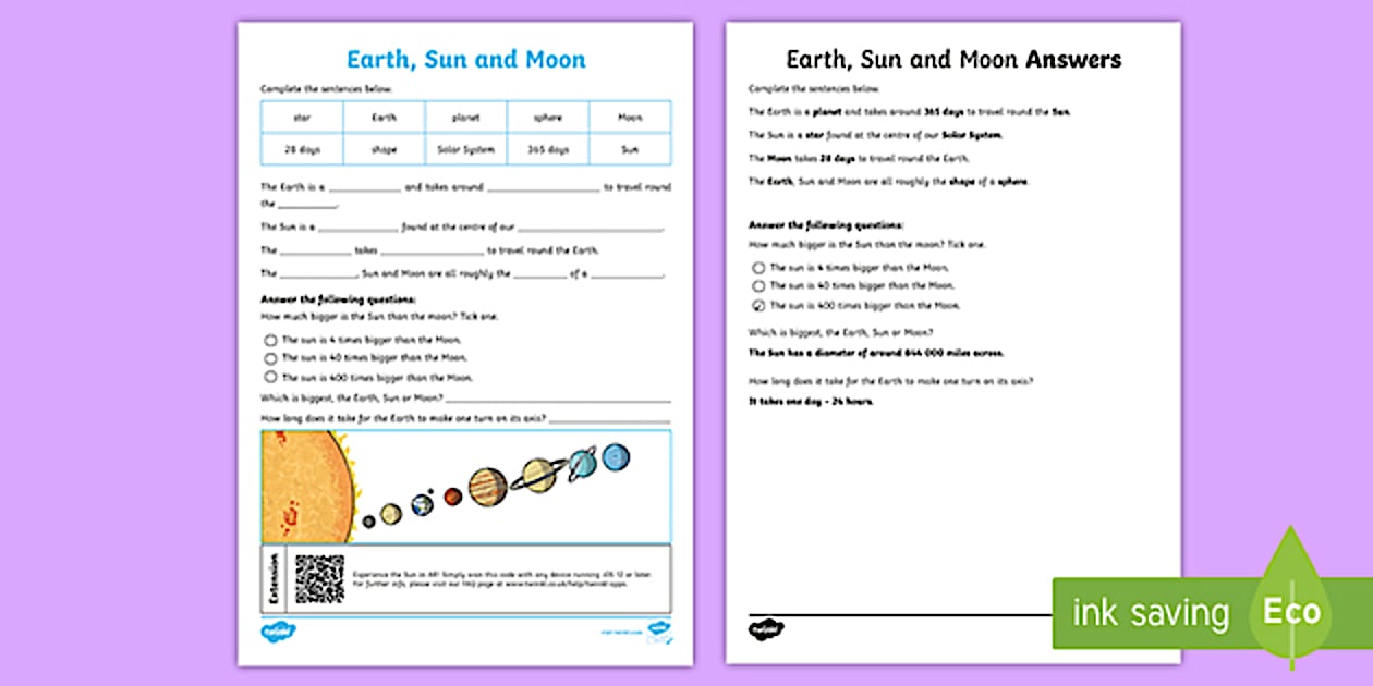 KS2 Earth, Sun and Moon QR Worksheet - Twinkl