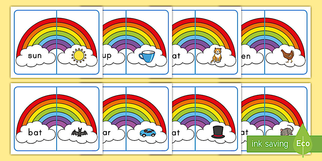 Rainbow CVC Words Matching Cards for K-1st Grade - Twinkl