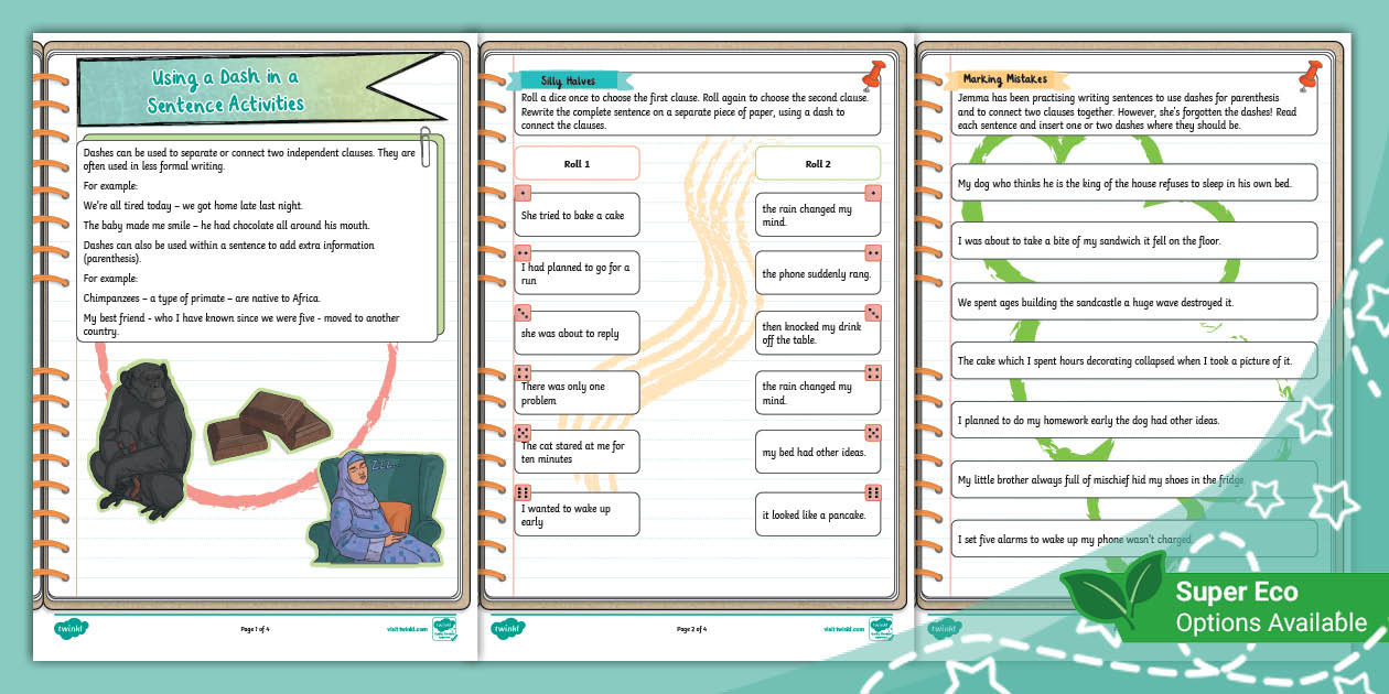 Using a Dash in a Sentence Activities (Ages 10 - 11)
