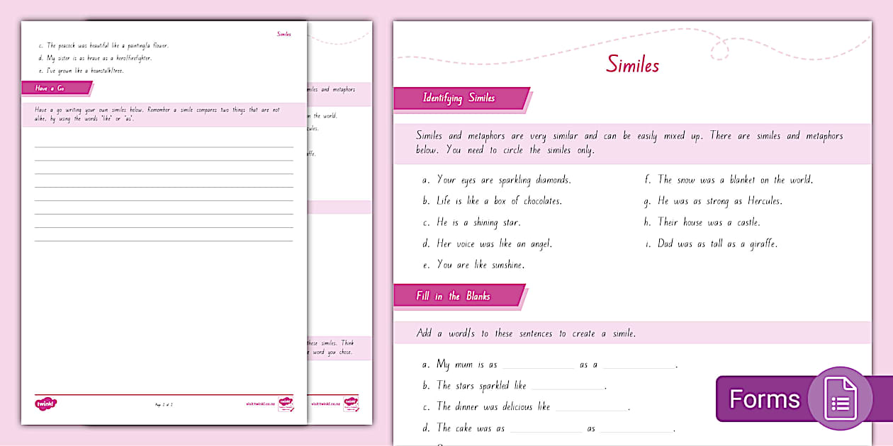 Level 3 Writing - Simile Worksheet (Teacher-Made) - Twinkl
