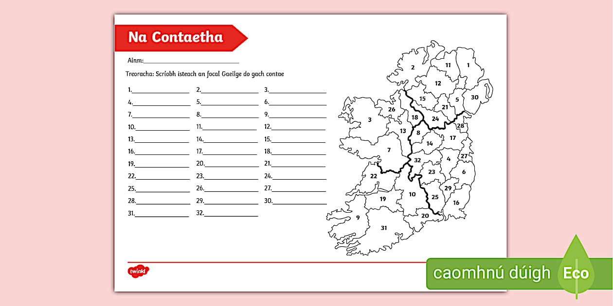 Black and White Irish Counties Quiz Worksheet - Twinkl