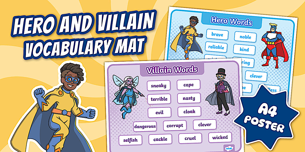 Hero & Villain Word Mat | Superhero Adjectives | Twinkl Pack