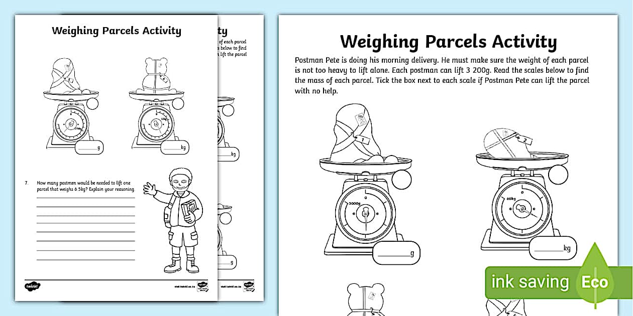 Weighing Parcels Activity Sheet (teacher made) - Twinkl