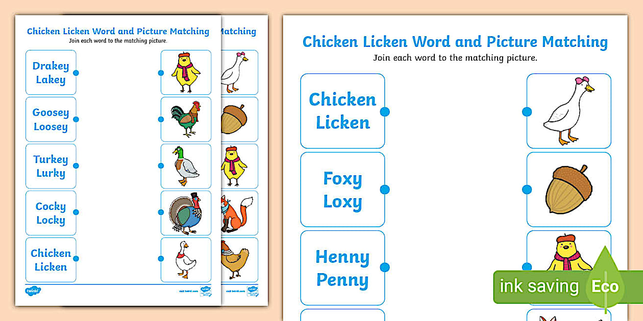 Black and White Chicken Licken Word and Picture Matching Worksheet