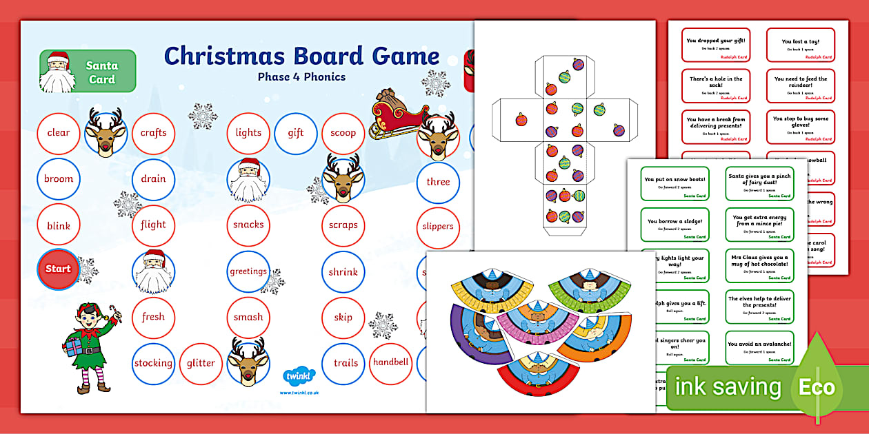 Phase 4 Phonics Christmas Board Game - KS1 - EYFS - Twinkl