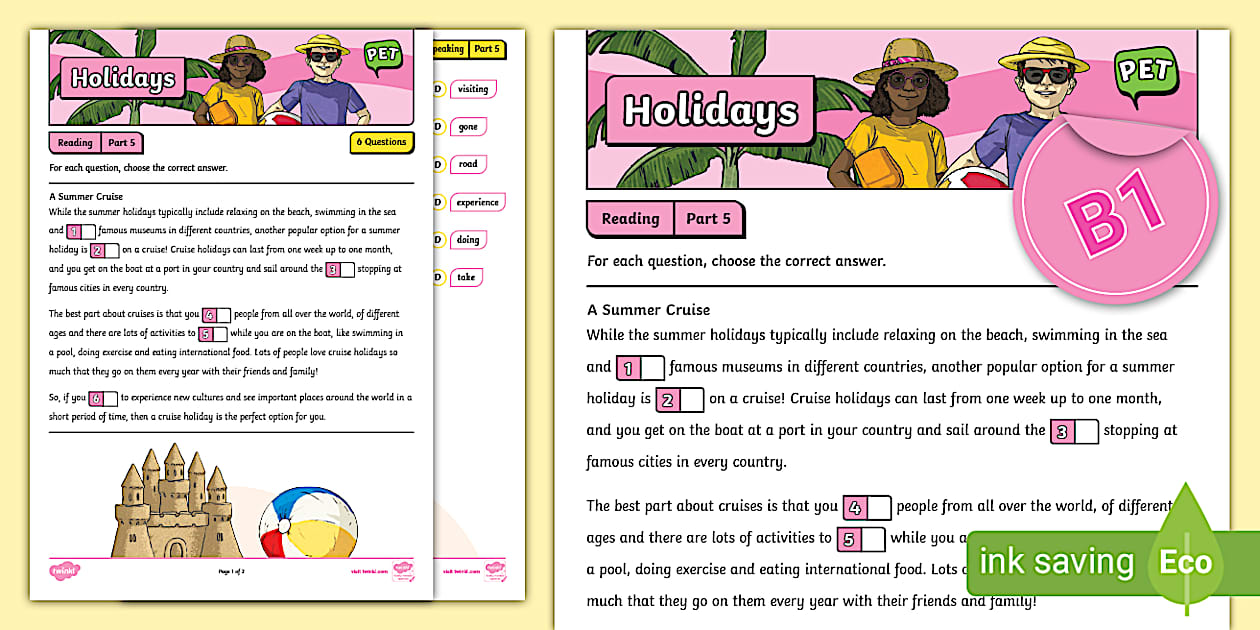 ESL B1 PET Reading Part 5 Practice (Holidays) - Twinkl