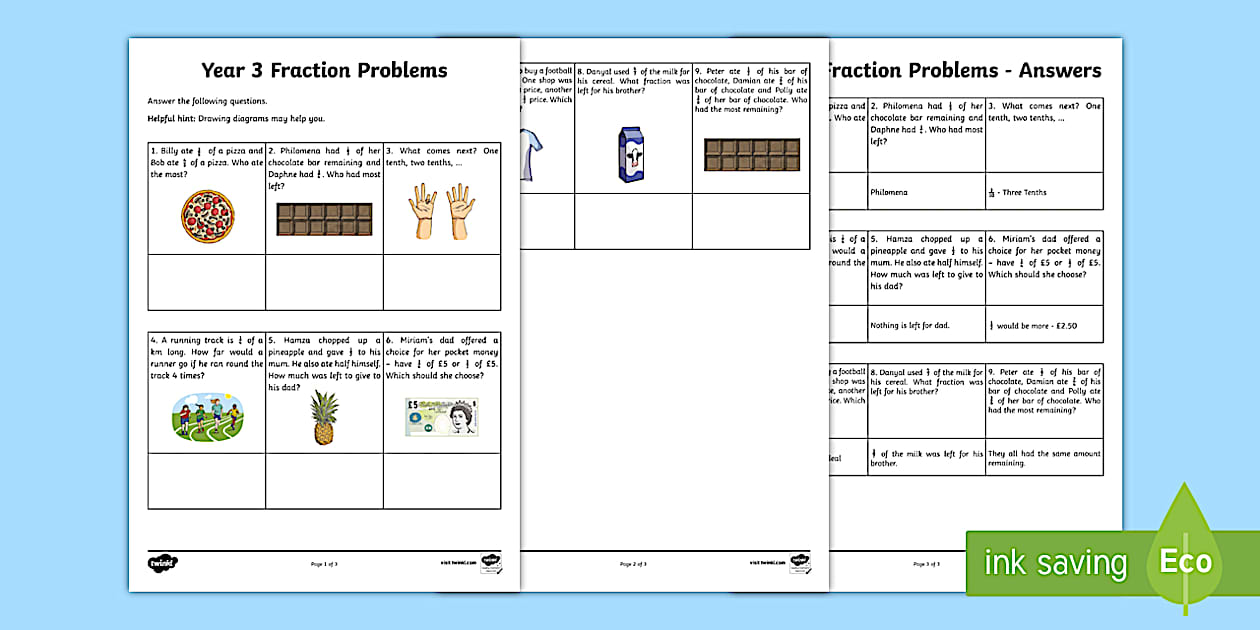 Year 3 Fraction Problems Worksheet / Worksheet - Twinkl