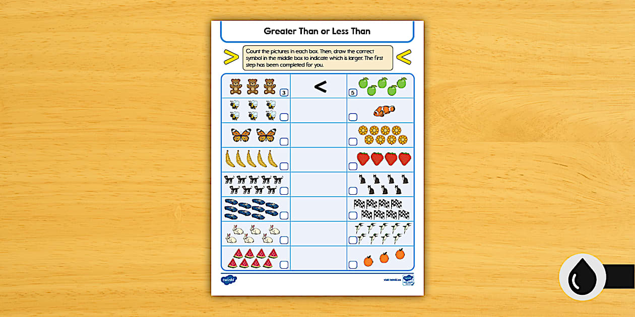 Greater Than or Less Than up to 10 Activity Sheet - Twinkl