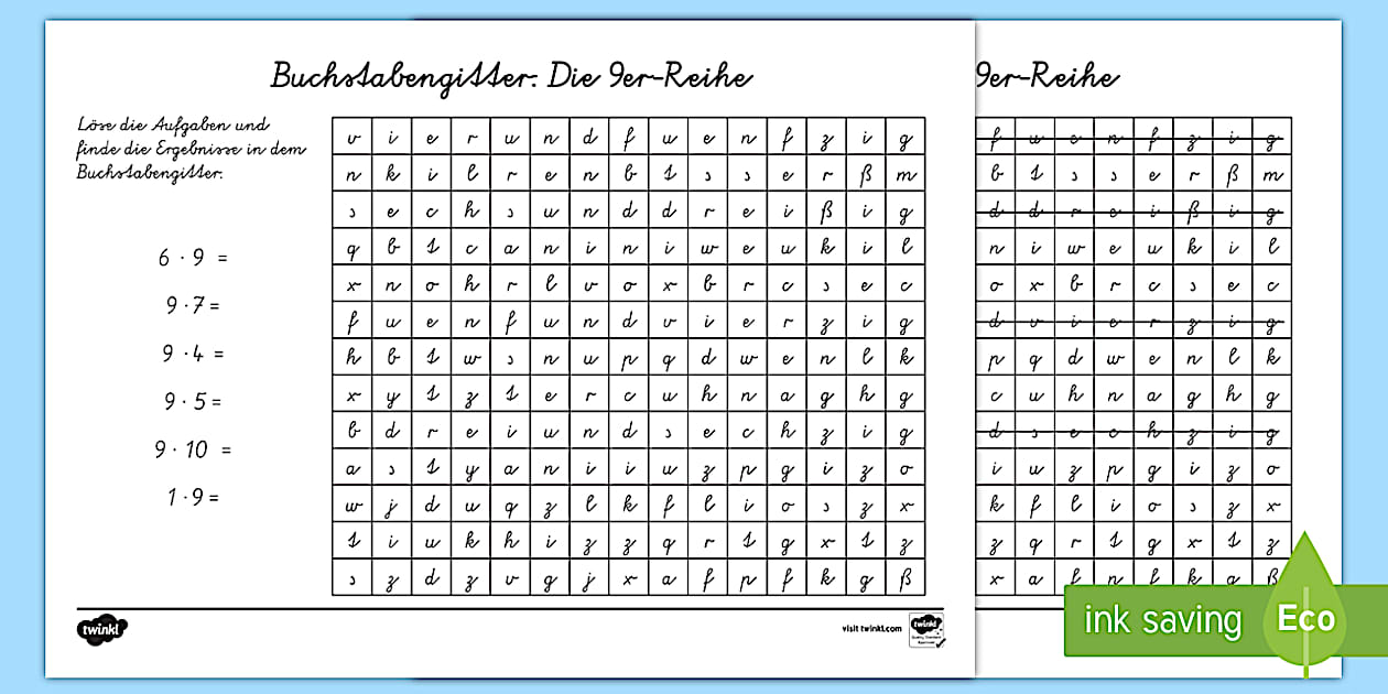 Buchstabengitter: Die 9er Reihe Arbeitsblatt - Twinkl