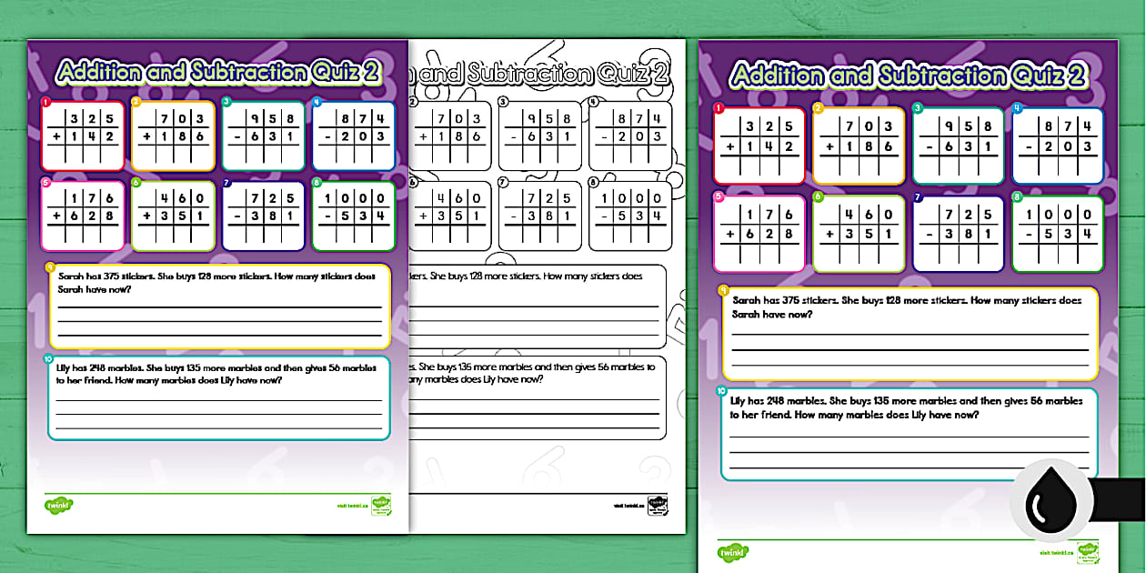 Grade 3 Addition and Subtraction Mini Assessment 2 - Twinkl