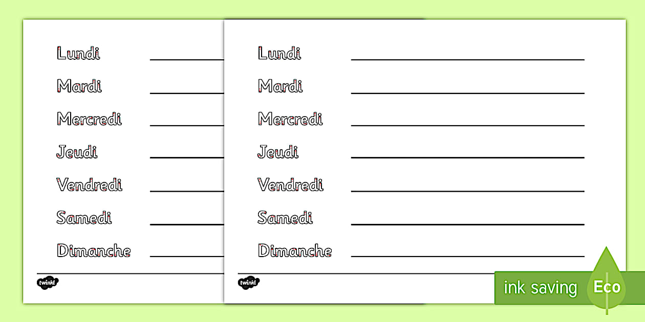 Feuille d'activités : Écriture - Les jours de la semaine