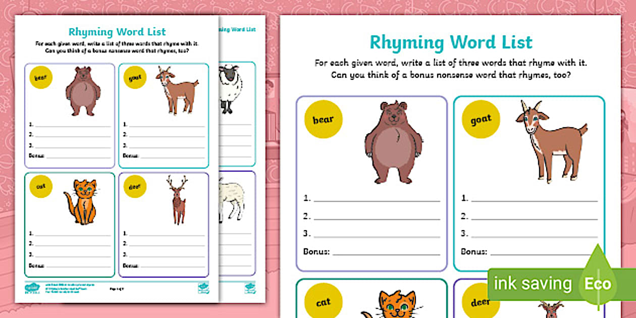 Editable Rhyming Word List Worksheet (teacher made)