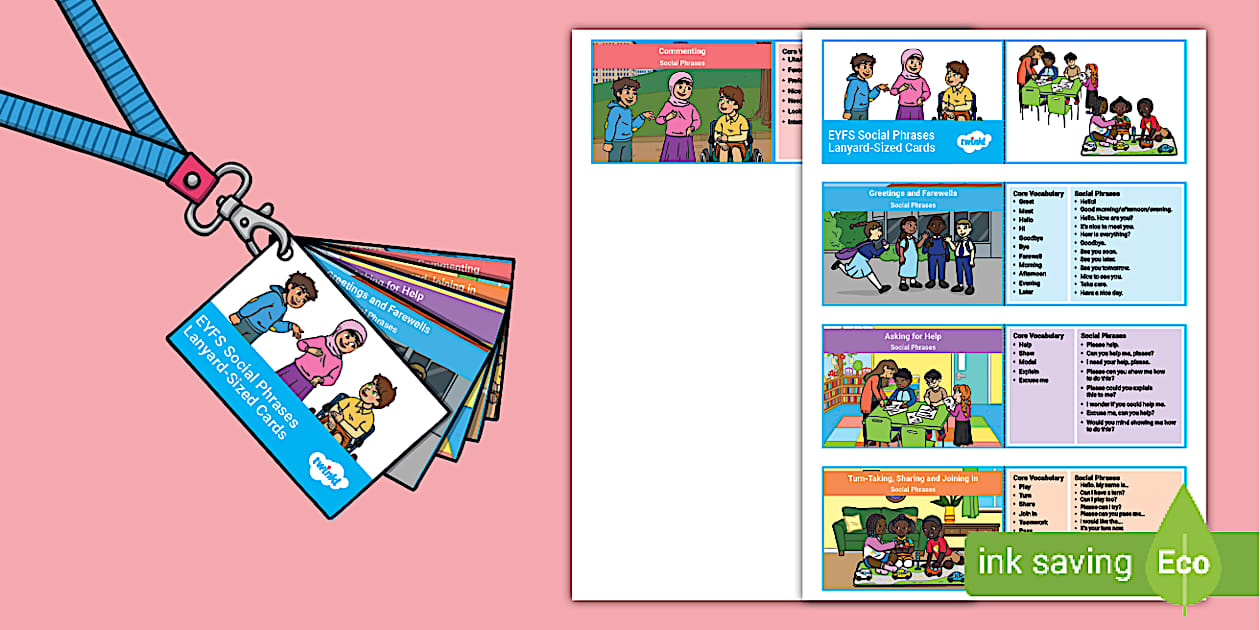 EYFS Social Phrases Lanyard-Sized Cards | Twinkl