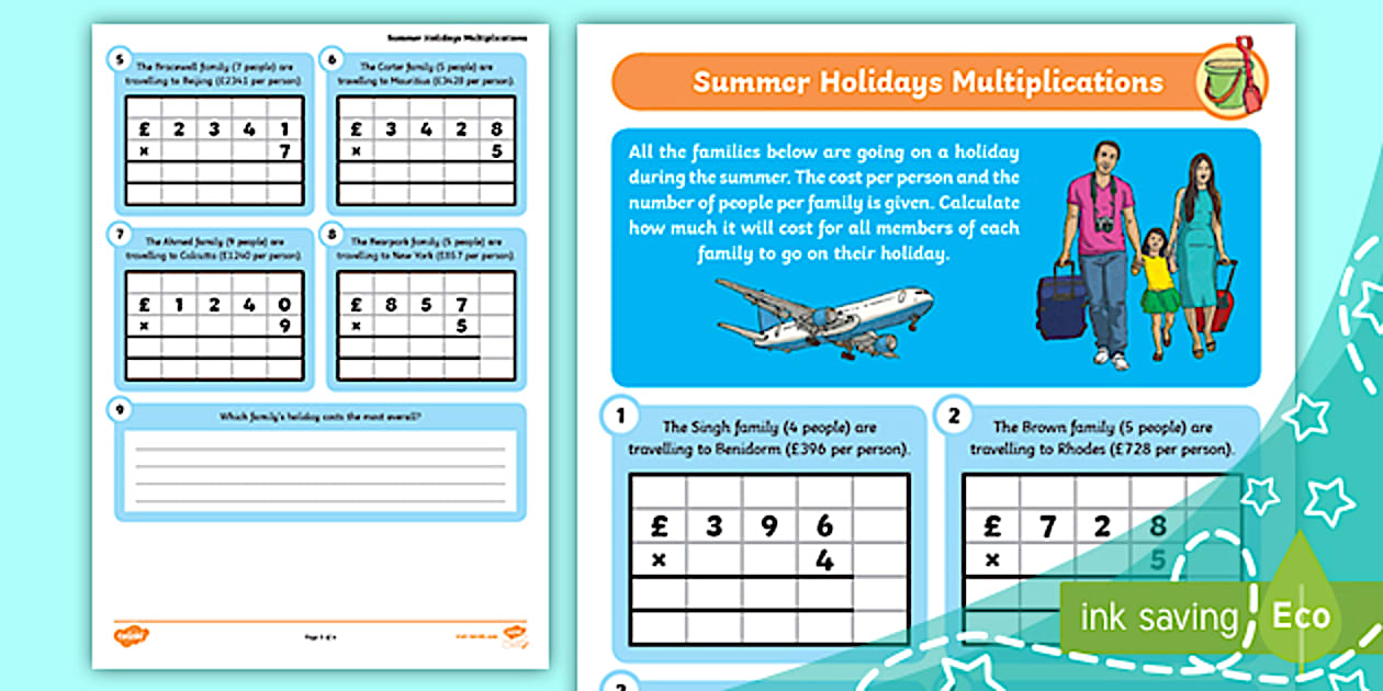 Summer Holidays (Formal Multiplication) Worksheet - Twinkl