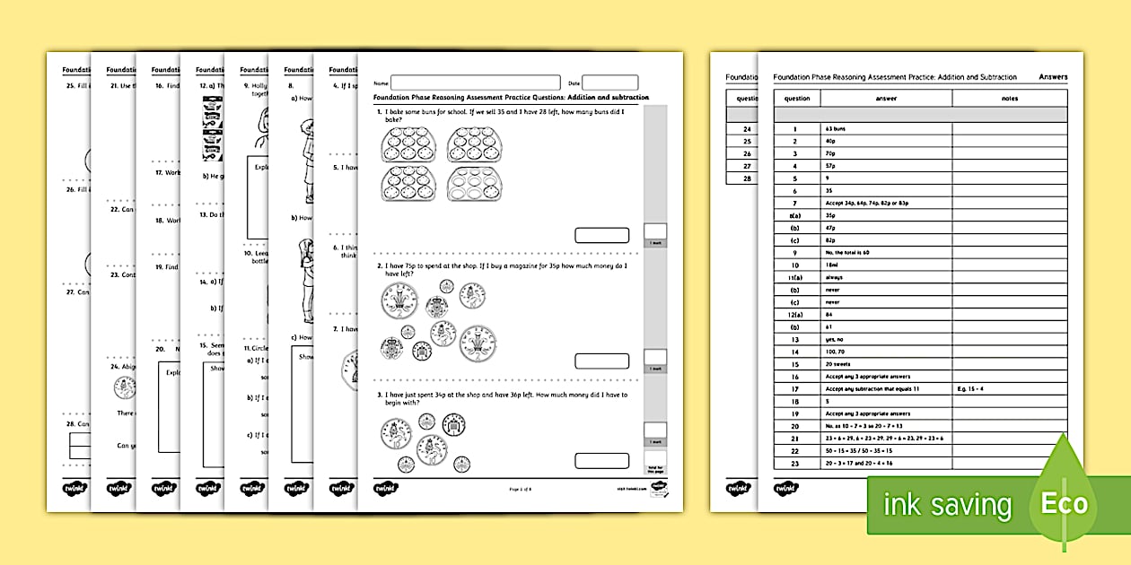 Reasoning Practice Addition and Subtraction Test Assessment