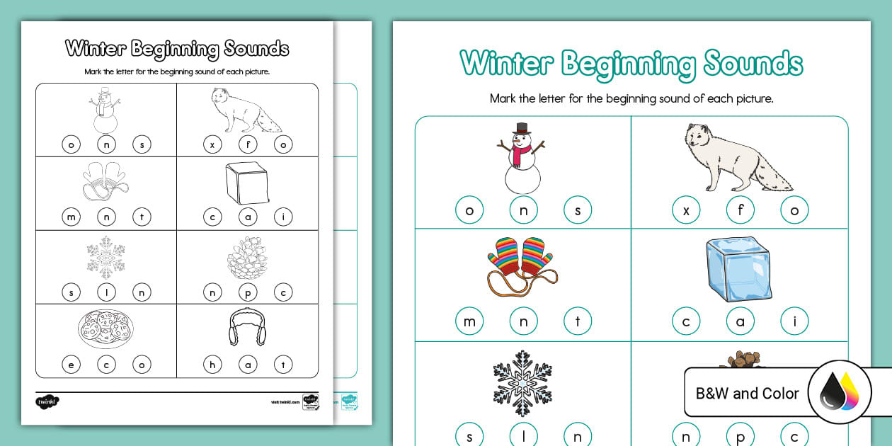 Winter Beginning Sounds Worksheet for PreK-K (teacher made)