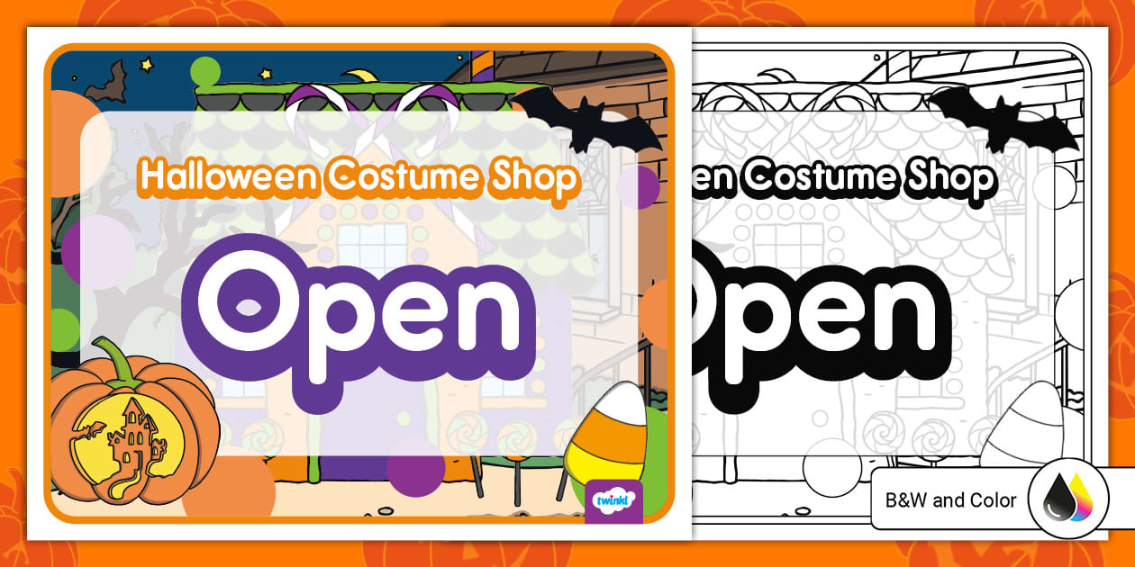 Halloween Costume Shop Dramatic Play Open Sign - Twinkl