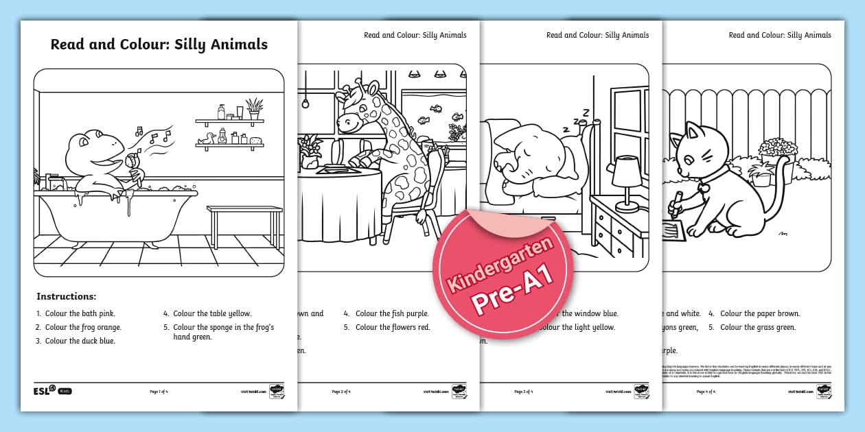 ESL Read and Colour: Silly Animals (teacher made) - Twinkl