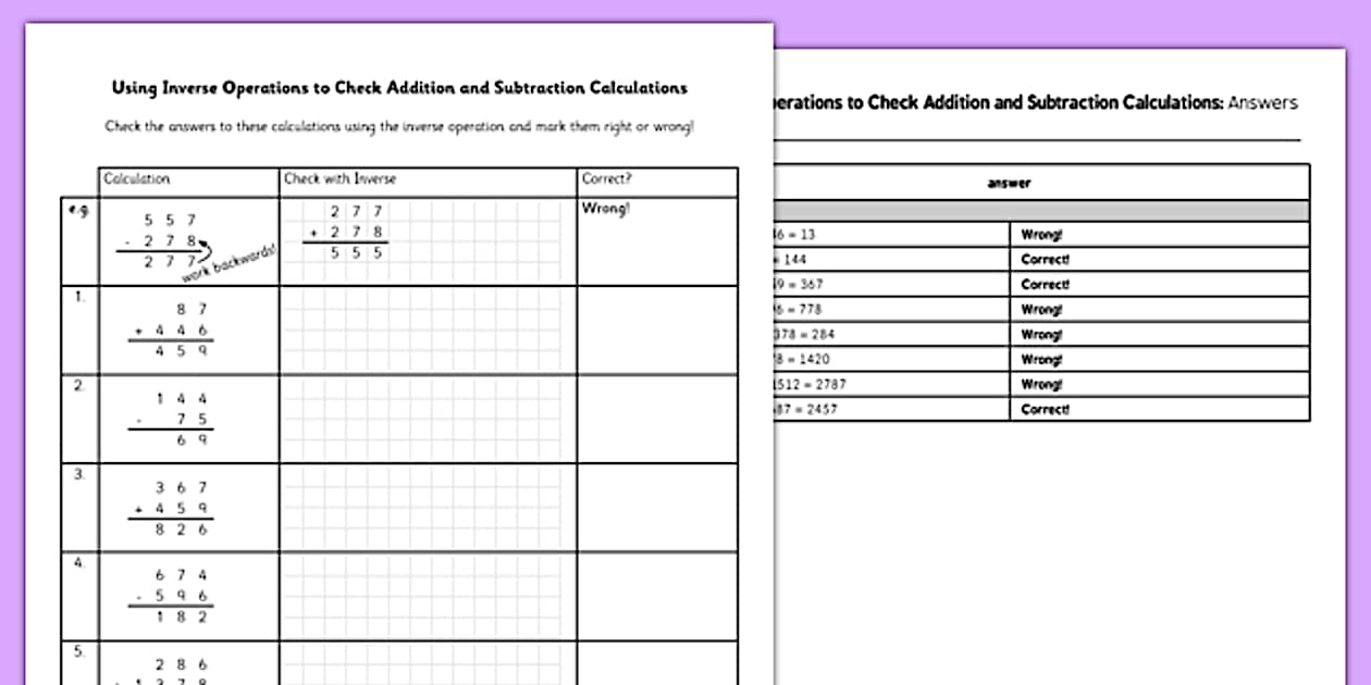 Editable Using Inverse Operation to Check Addition and Subtraction
