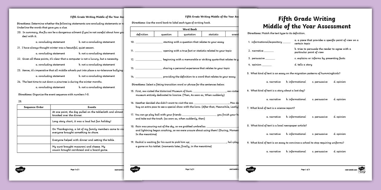 Fifth Grade Middle of the Year Writing Assessment - Twinkl