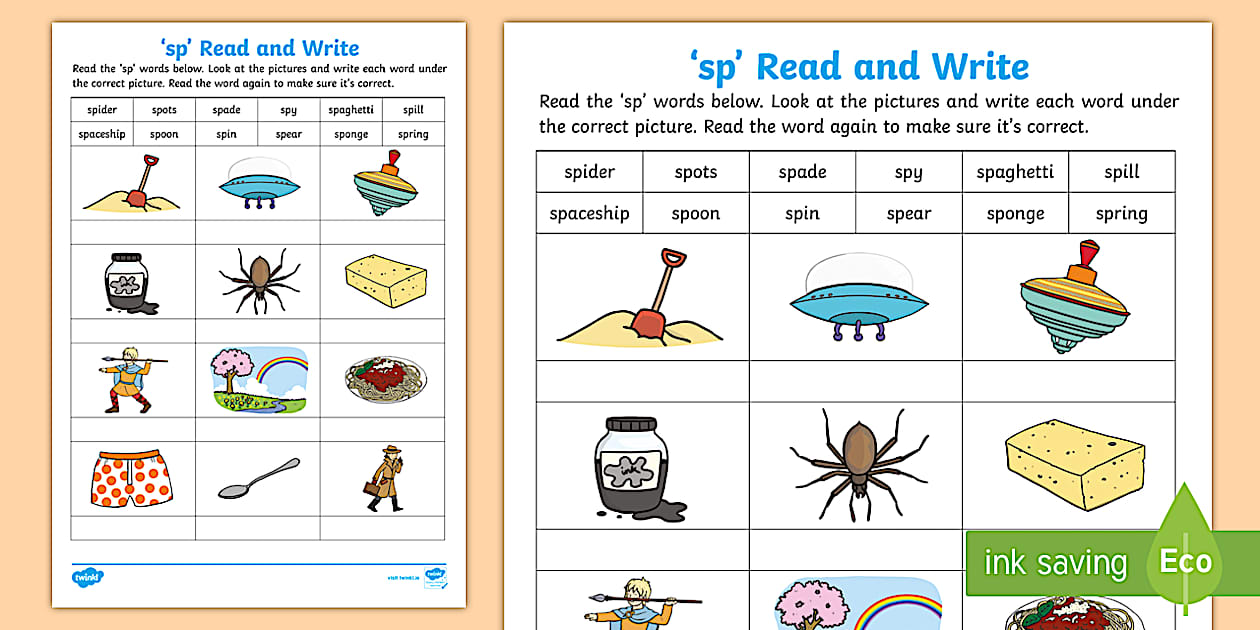 'sp' Blend Read and Write Worksheet - Twinkl