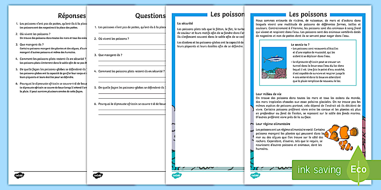 Compréhension écrite : Les poissons - Twinkl