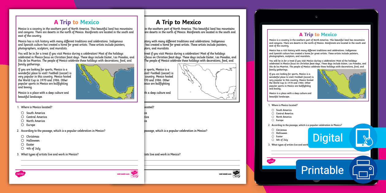 Fourth Grade A Trip to Mexico Reading Passage Comprehension