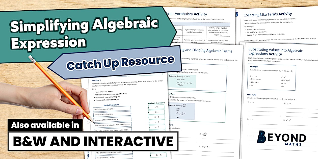 Simplifying Algebraic Expressions Catch Up Resource