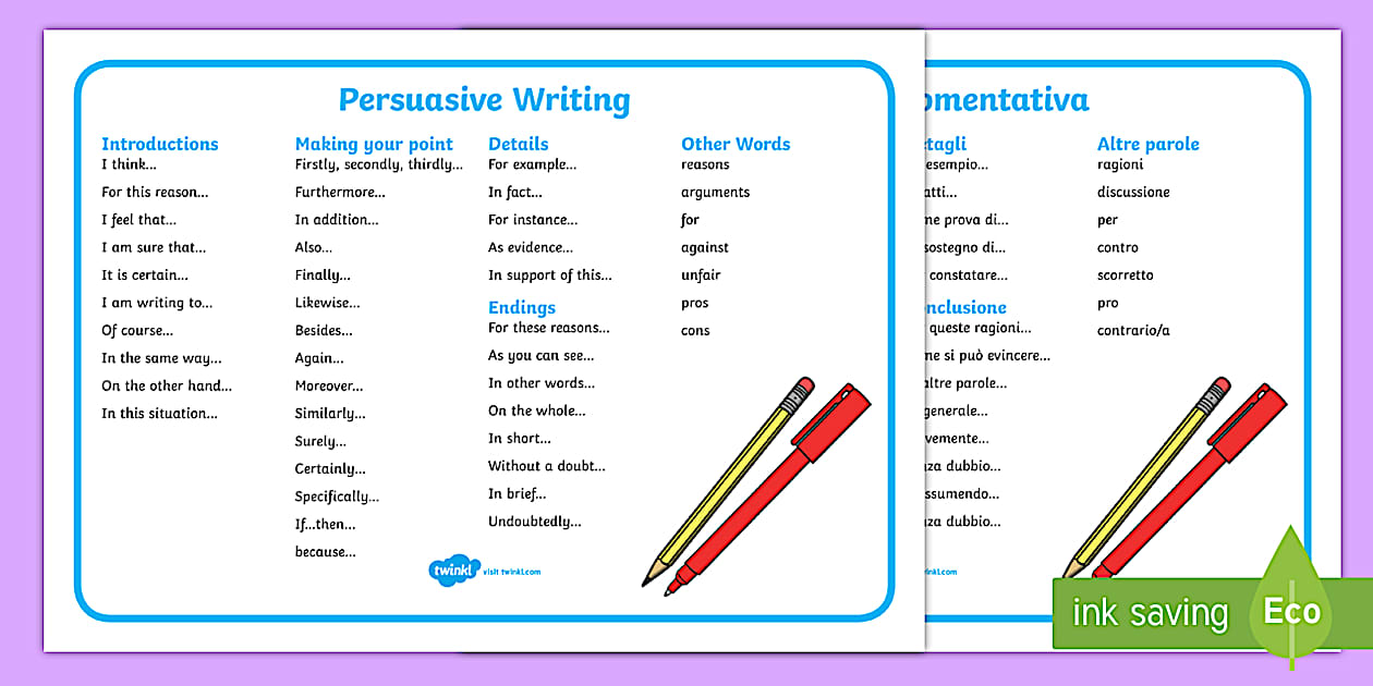 Cursive Persuasive Writing Word Mat English/Italian - Twinkl