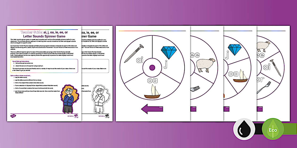 Phonics Canada: ai,j,oa,ie,ee,or Letter Sounds Spinner Game