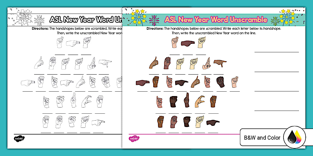 ASL New Year Word Unscramble Activity (teacher made)