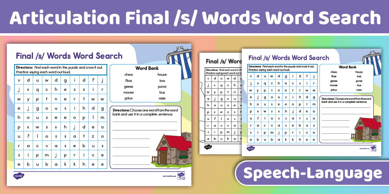Articulation Final /s/ Words Word Search for SLP