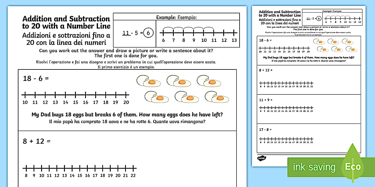 Addition and Subtraction to 20 with a Number Line Worksheet / Worksheet