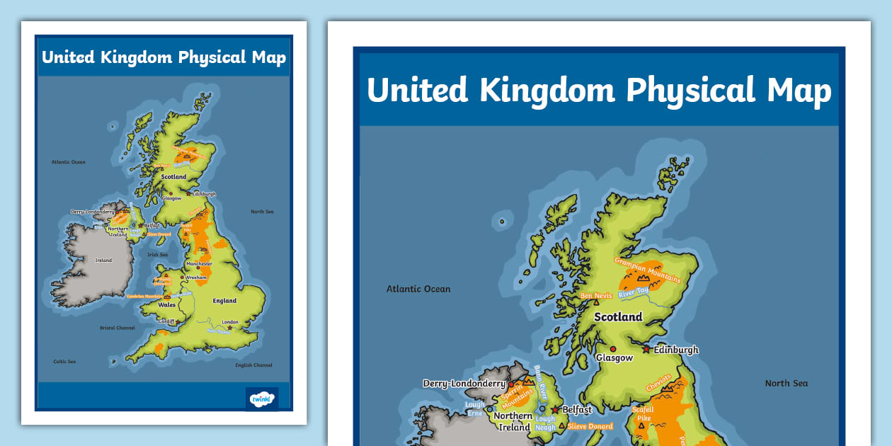 United Kingdom Physical Map - Twinkl - KS2