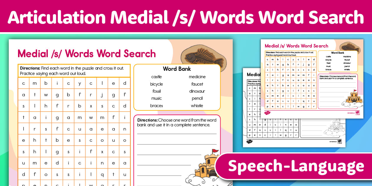 Articulation Medial /s/ Words Word Search for SLP
