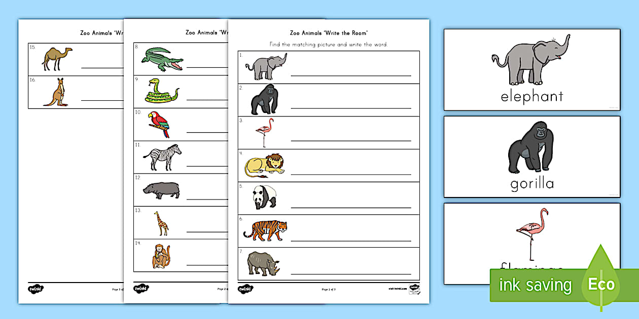 Zoo Animals Read and Write the Room Worksheet (teacher made)
