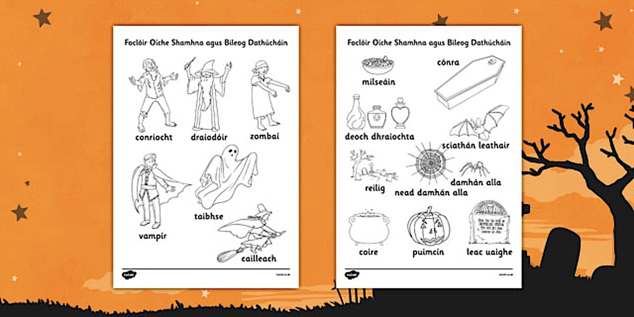 Irish Halloween Words Colouring Sheet - Twinkl