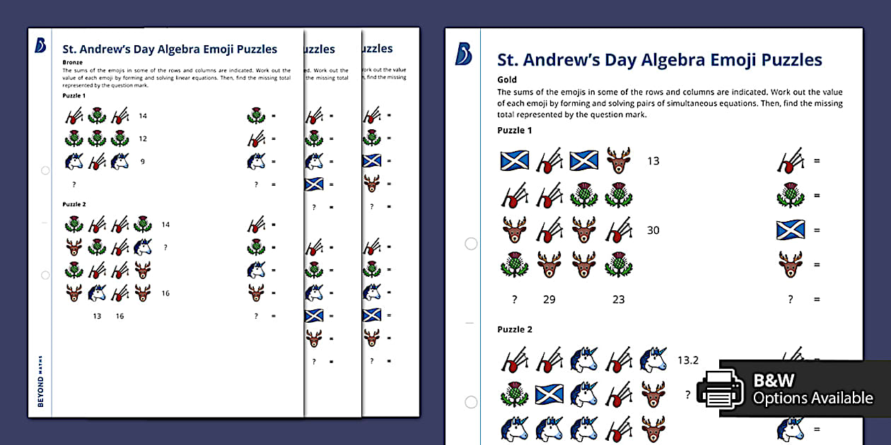👉 😊 St. Andrew's Day Algebra Emoji Puzzles