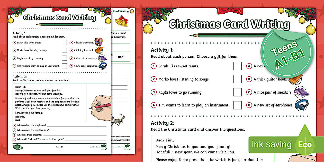 ESL Writing a Christmas Card Activity Sheet [Teens, A1-B1]