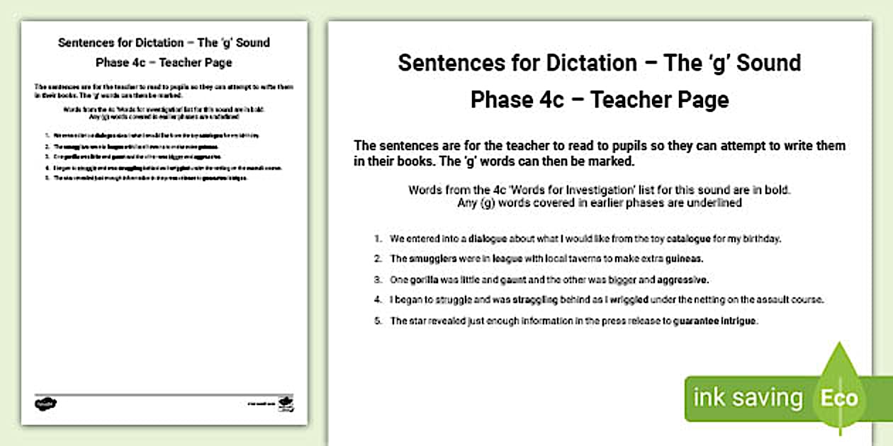 Linguistic Phonics Phase 4c 'g' Dictation Sentences Teacher Worksheet