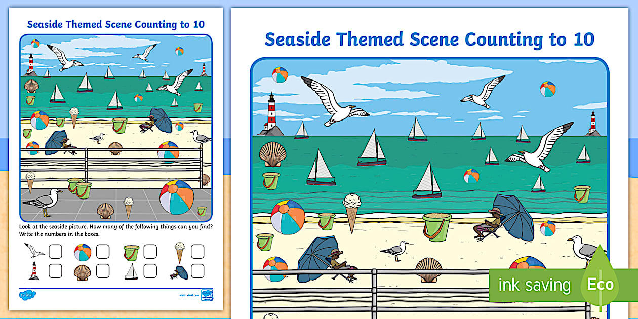 Black and White Seaside Themed Scene Counting to 10 Worksheet