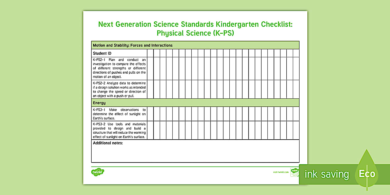 Next Generation Science Standards Kindergarten Student Checklist